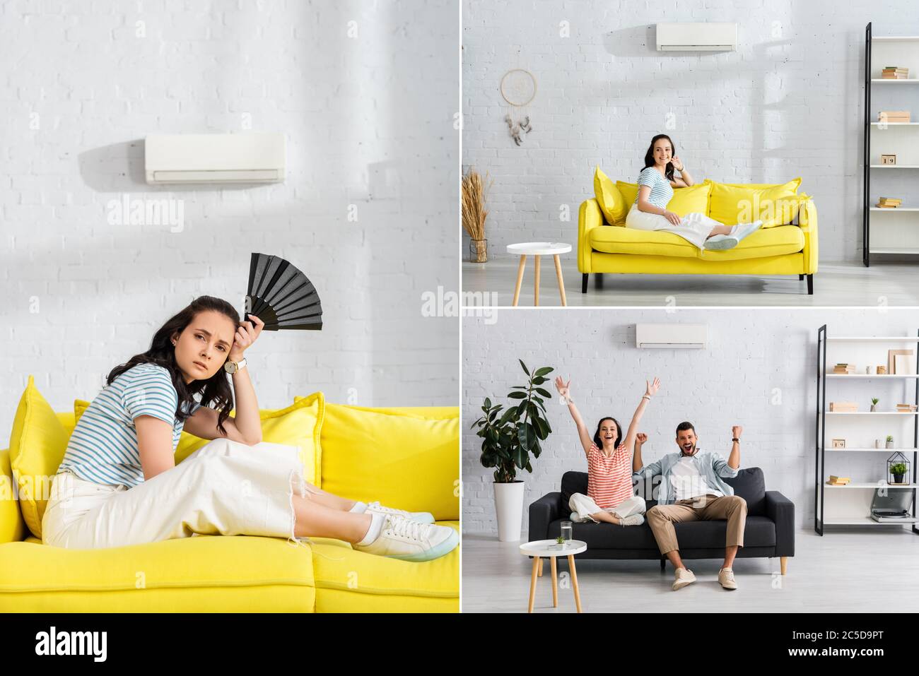 Collage of young woman holding fan and cheerful couple sitting on couch ...