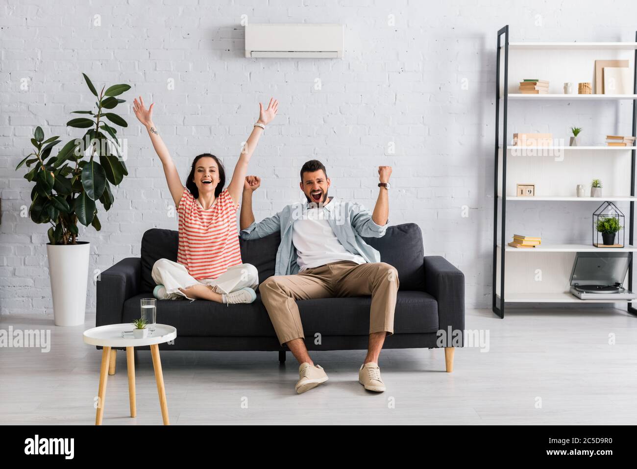 Positive couple smiling and showing yeah gesture while sitting on sofa ...