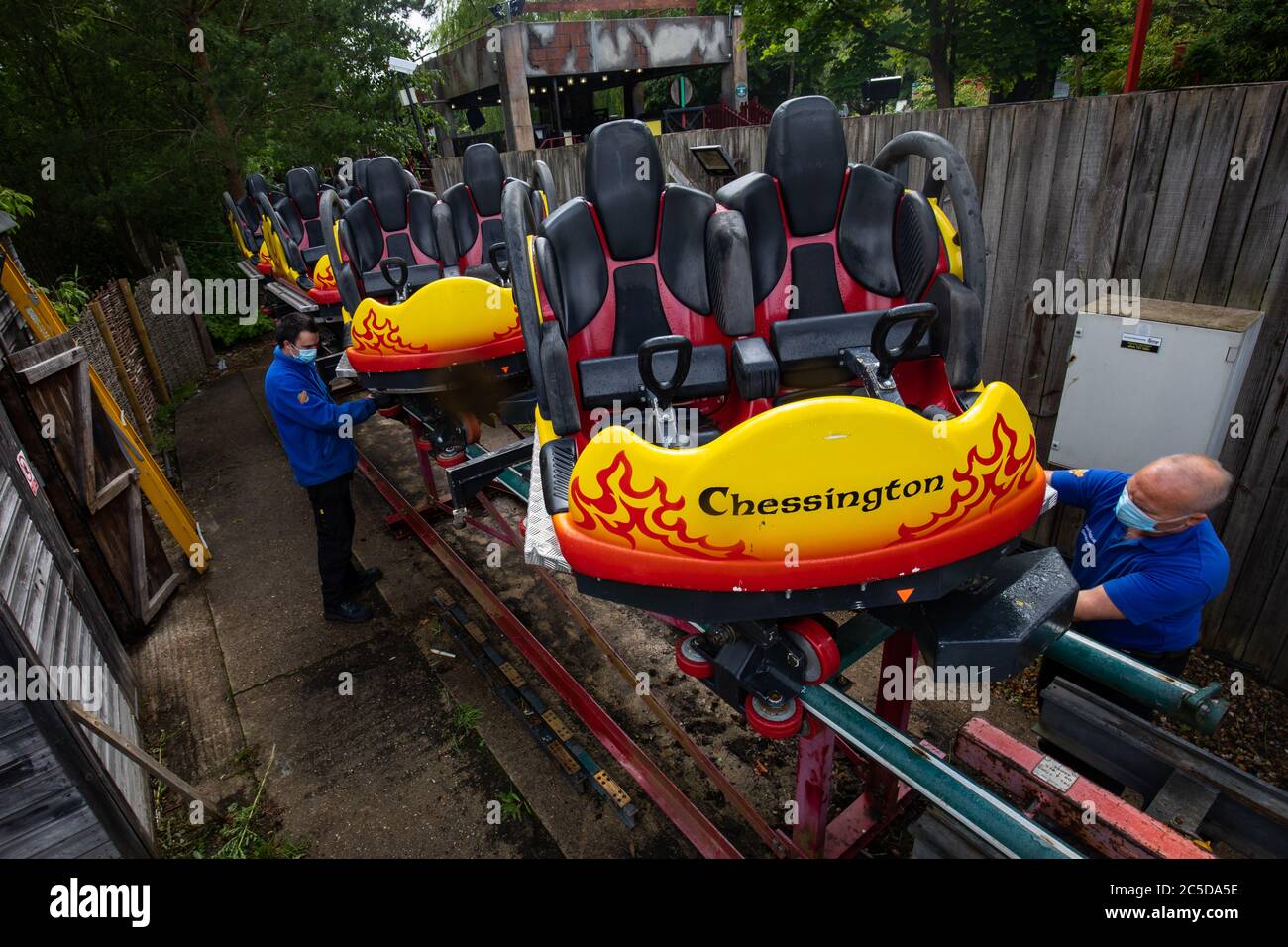 The ride Dragons Fury is checked ready for operation at Chessington ...