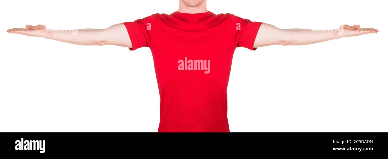Man in red t-shirt stretched arm and fingers on the side isolated white ...
