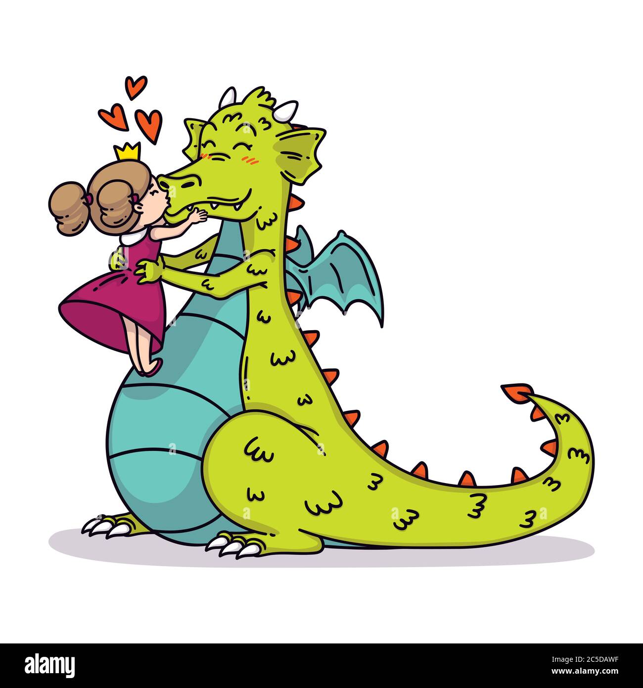 Little princess kisses a dragon in the nose. Fairy tale children ...