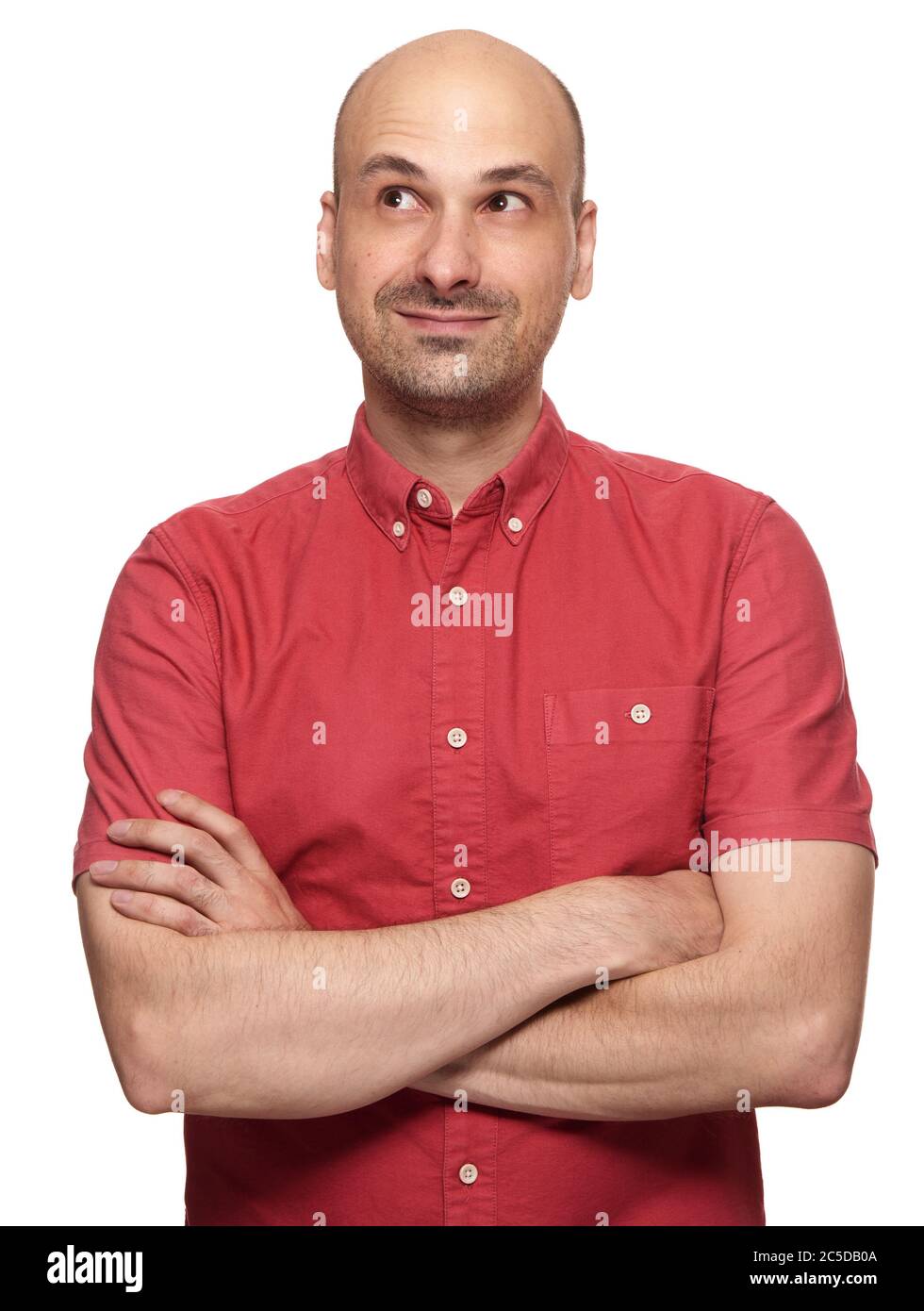 Happy middle aged bald man looking up isolated on white studio ...