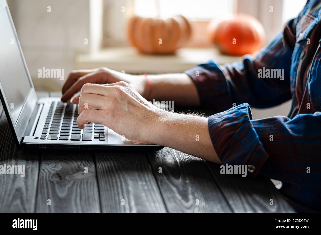 Businessman freelancer works on Desk table in the home office Stock ...
