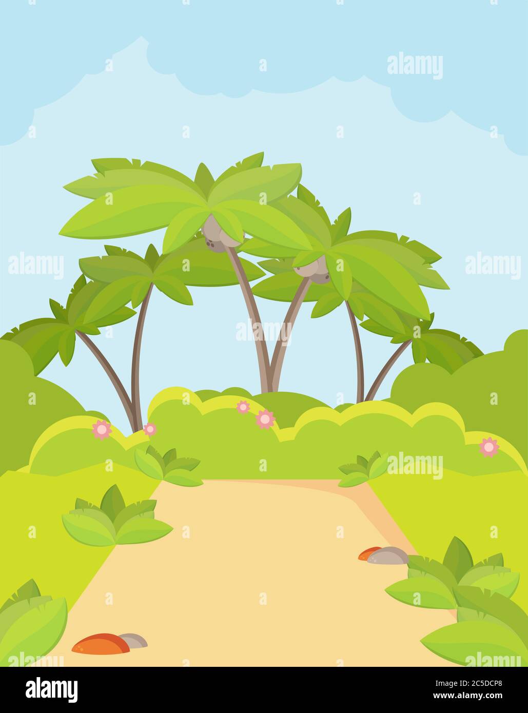 Jungle Forest Green Landscape with Road Path and Blue Sky Vector ...