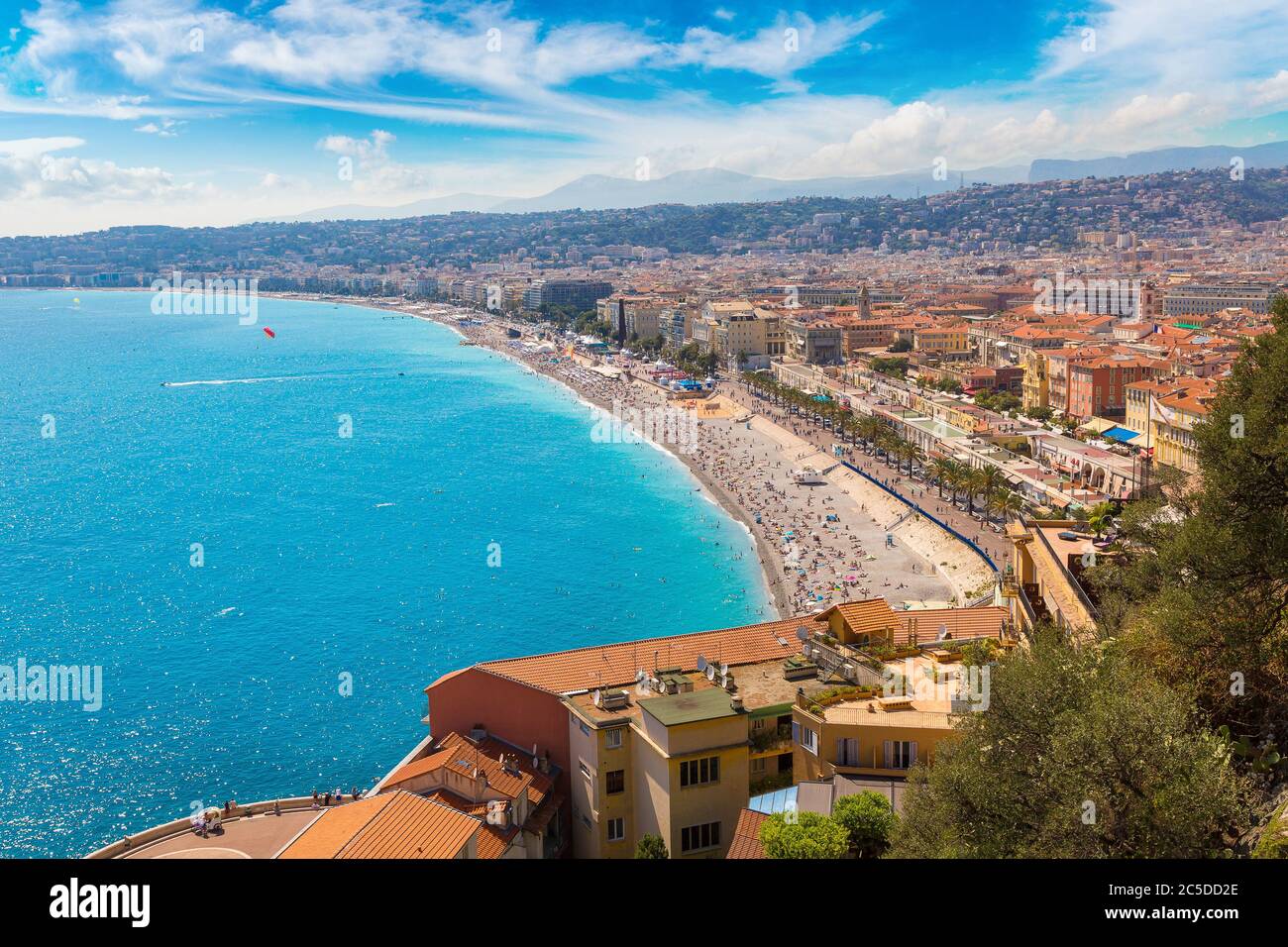 Panoramic aerial view of public beach in Nice in a beautiful summer day ...