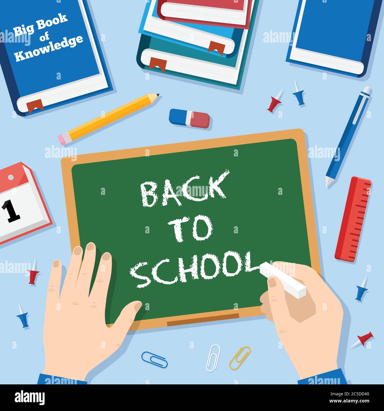 Back to School Flat Style Vector Background With Chalk Blackboard Pins ...