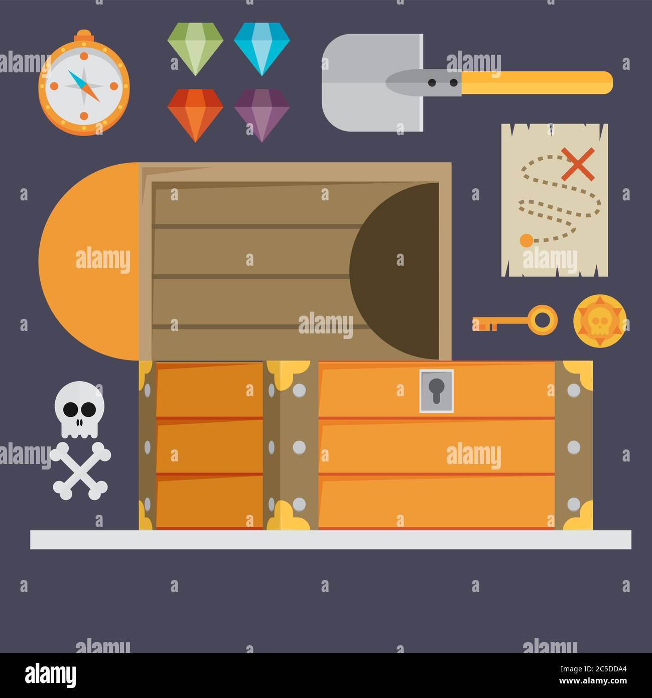 open treasure chest and pirates stuff isolated flat design Stock Vector ...