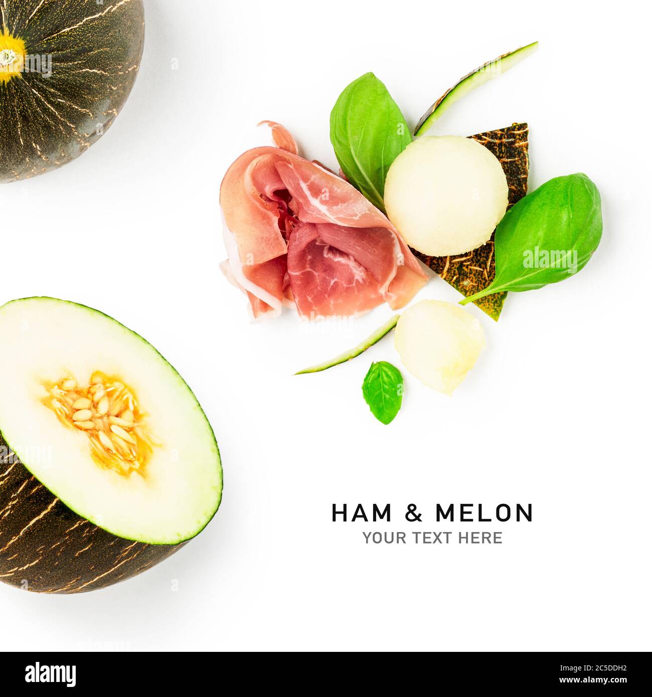 Ham prosciutto with melon creative layout isolated on white background ...