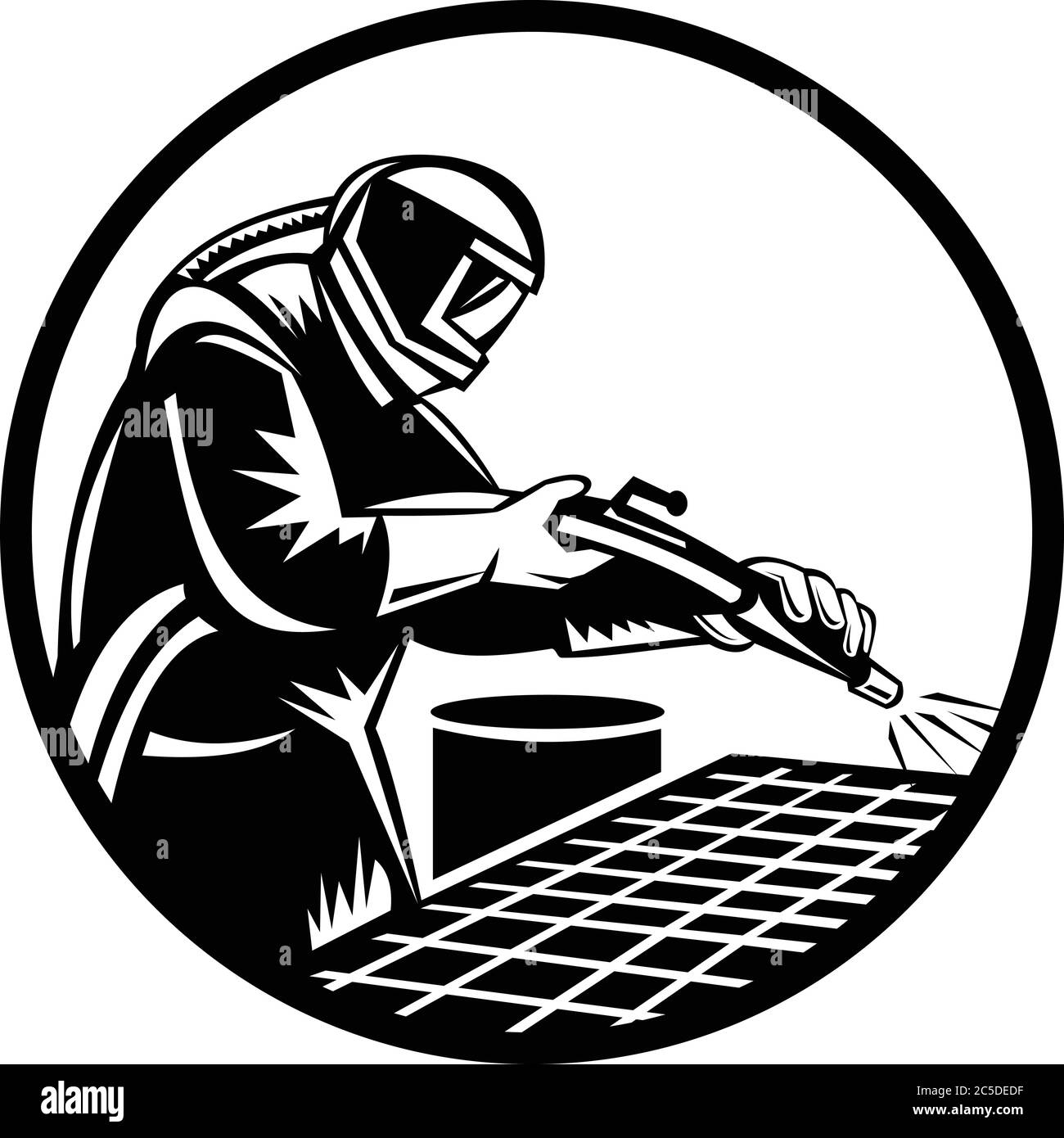 Black and white woodcut illustration of a sandblaster or sand blaster ...