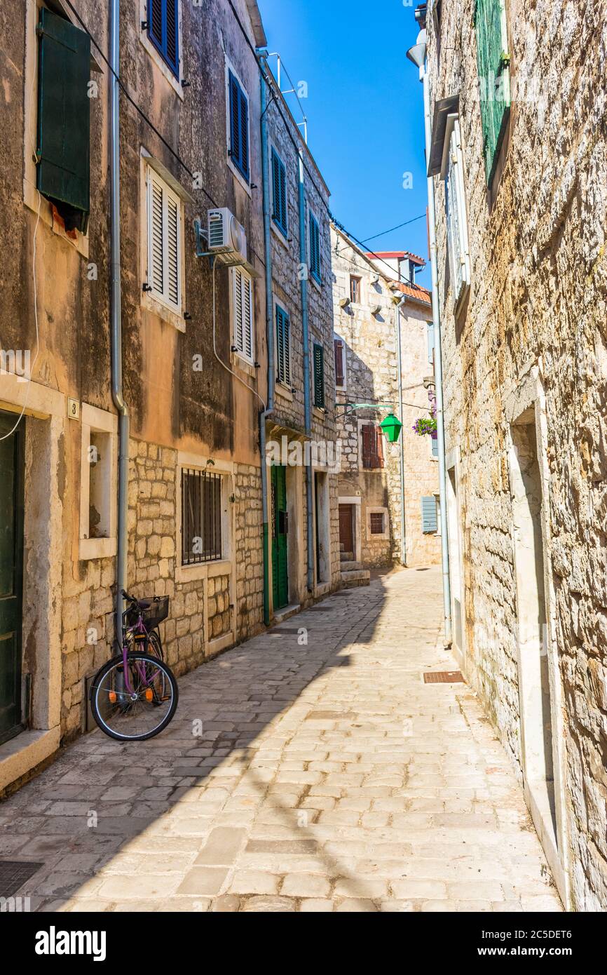 Ancient street of Stari Grad, little town in Hvar Island, Croatia Stock ...