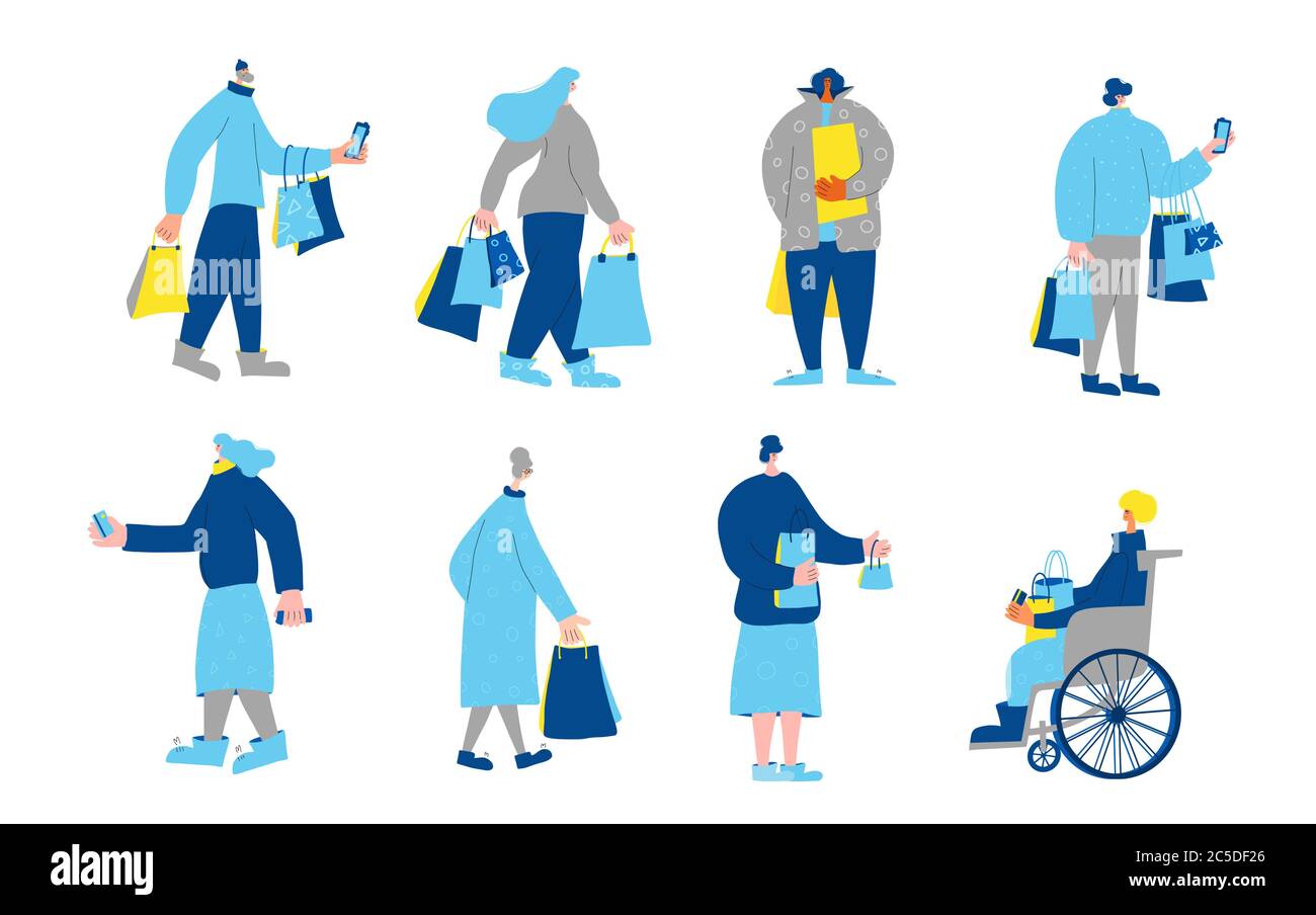 Set of customer characters with shopping bags. People dressed in casual ...