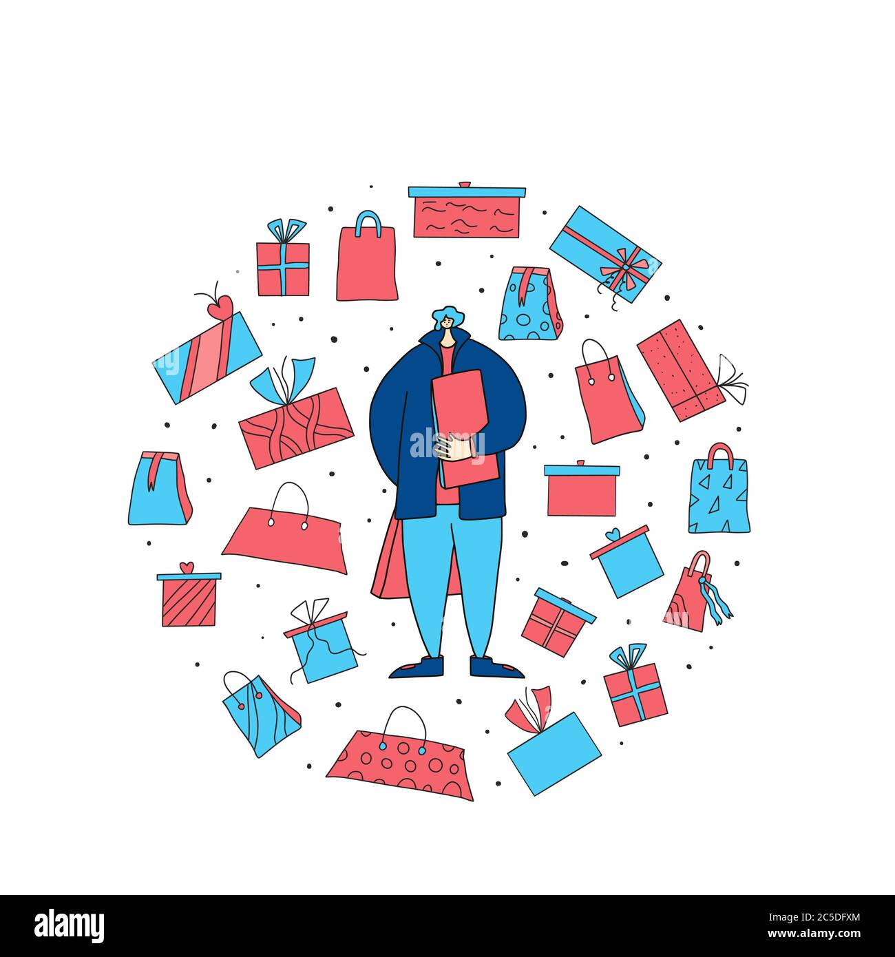 Gift concept. Male character surrounded by shopping bags and gifts ...