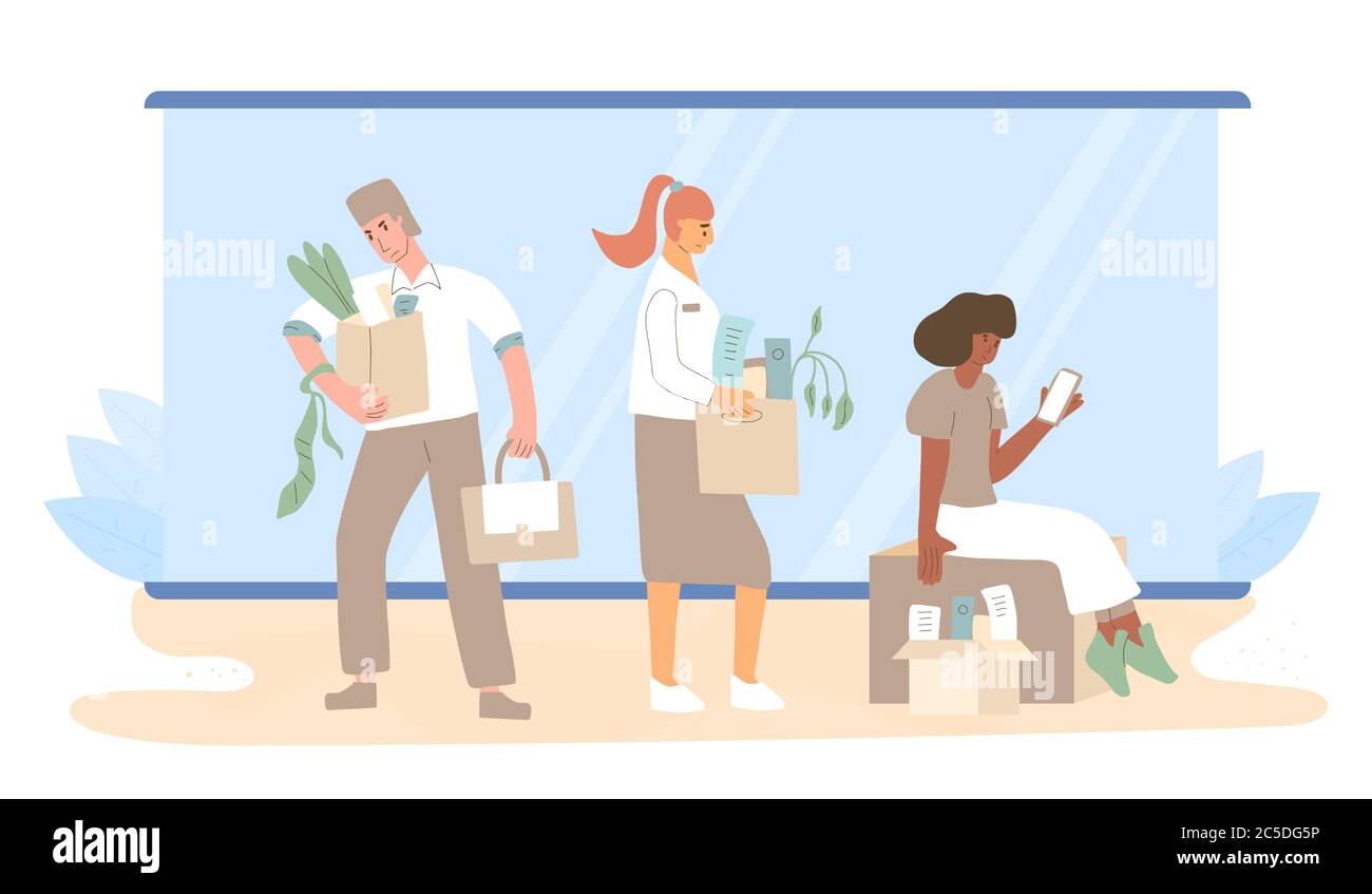 Unemployment concept. Dismissed sad character holding paper box. Work ...