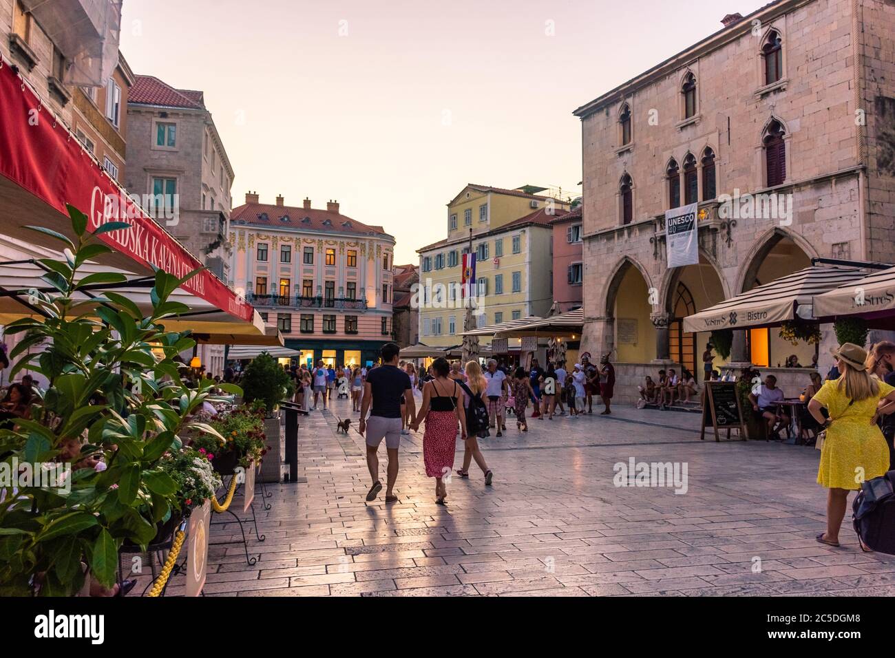 SPLIT, CROATIA, 7 AUGUST 2019: Tourists in the central square of Split ...