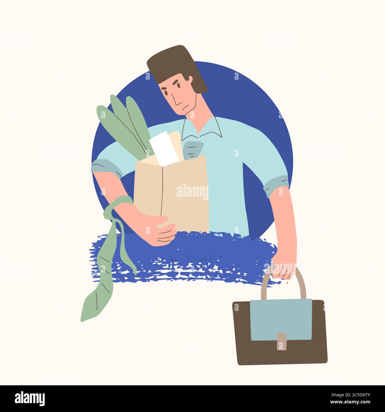 Unemployed character. Dismissed sad person holding paper box. Work ...