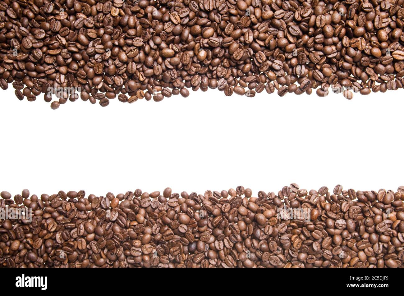 Roasted coffee beans open frame isolated on white background. Border of ...