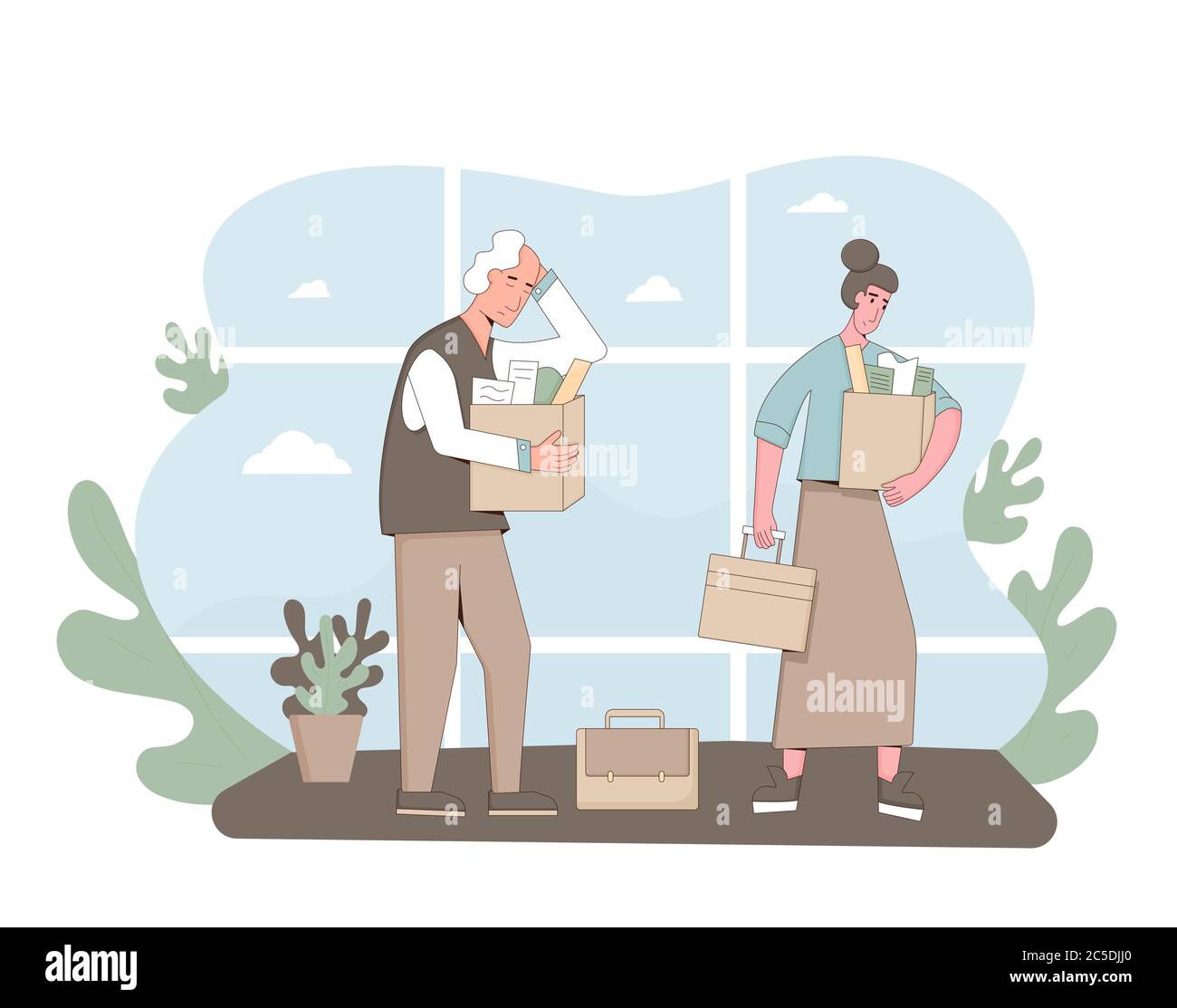 Unemployment concept. Dismissed sad characters holding paper box. Work ...