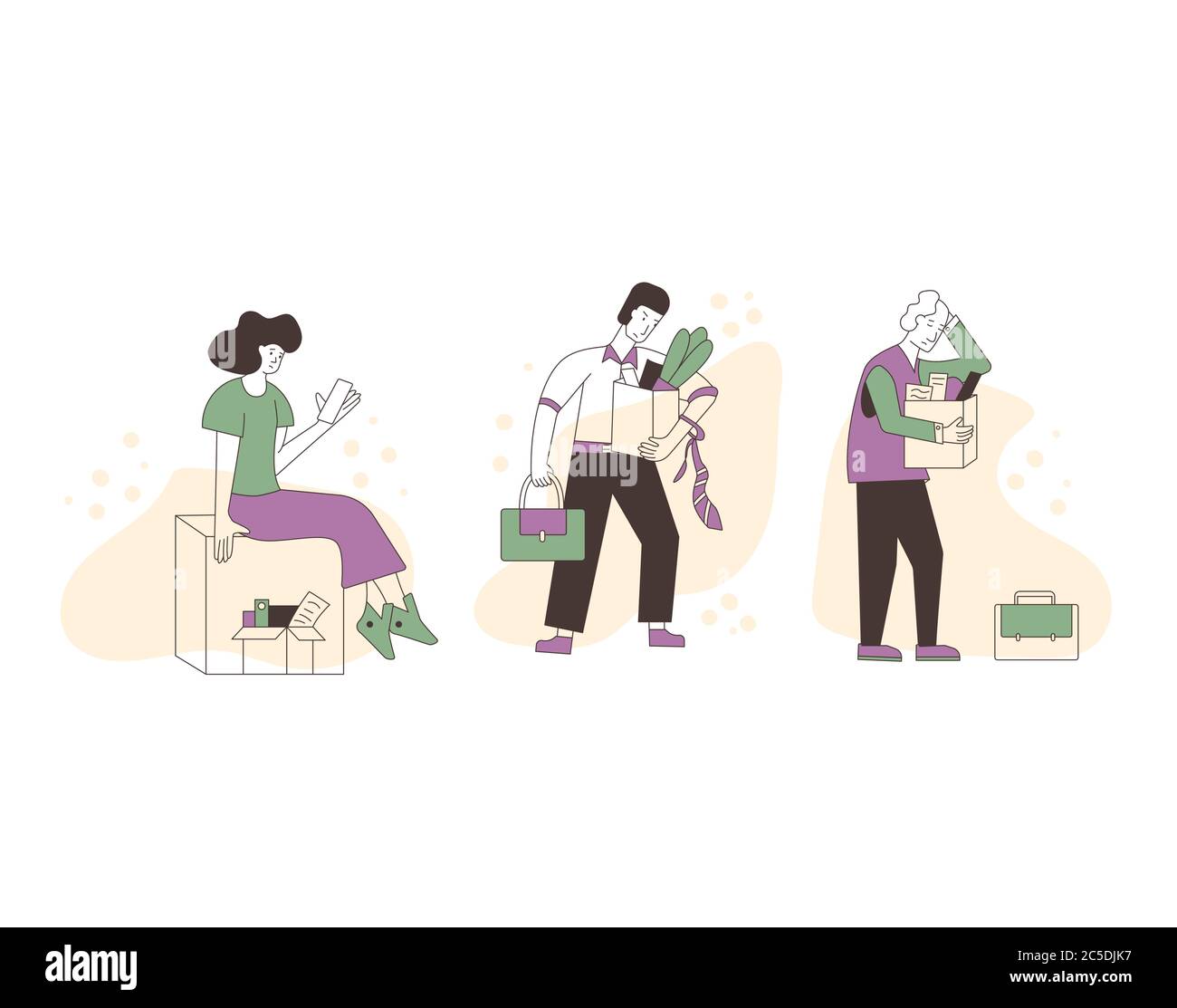 Unemployed characters set. Dismissed sad persons holding paper box ...