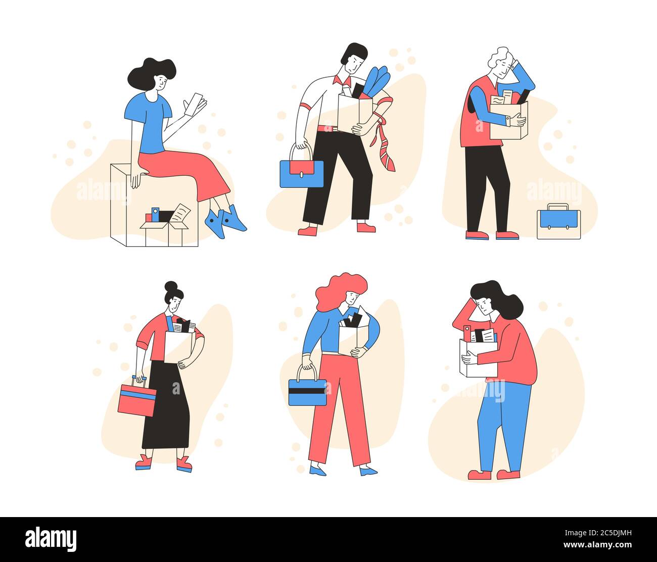 Unemployed characters set. Dismissed sad persons holding paper box ...