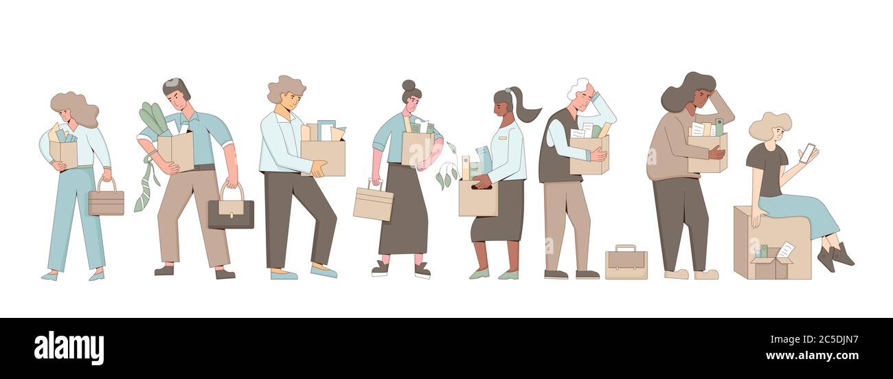 Unemployed characters set. Dismissed sad persons holding paper box ...