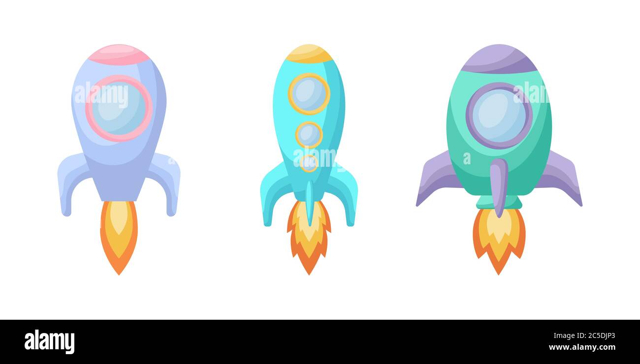 Collection of cute cartoon baby's rockets isolated on white background ...