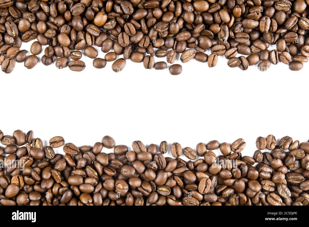 Roasted coffee beans open frame isolated on white background. Border of ...