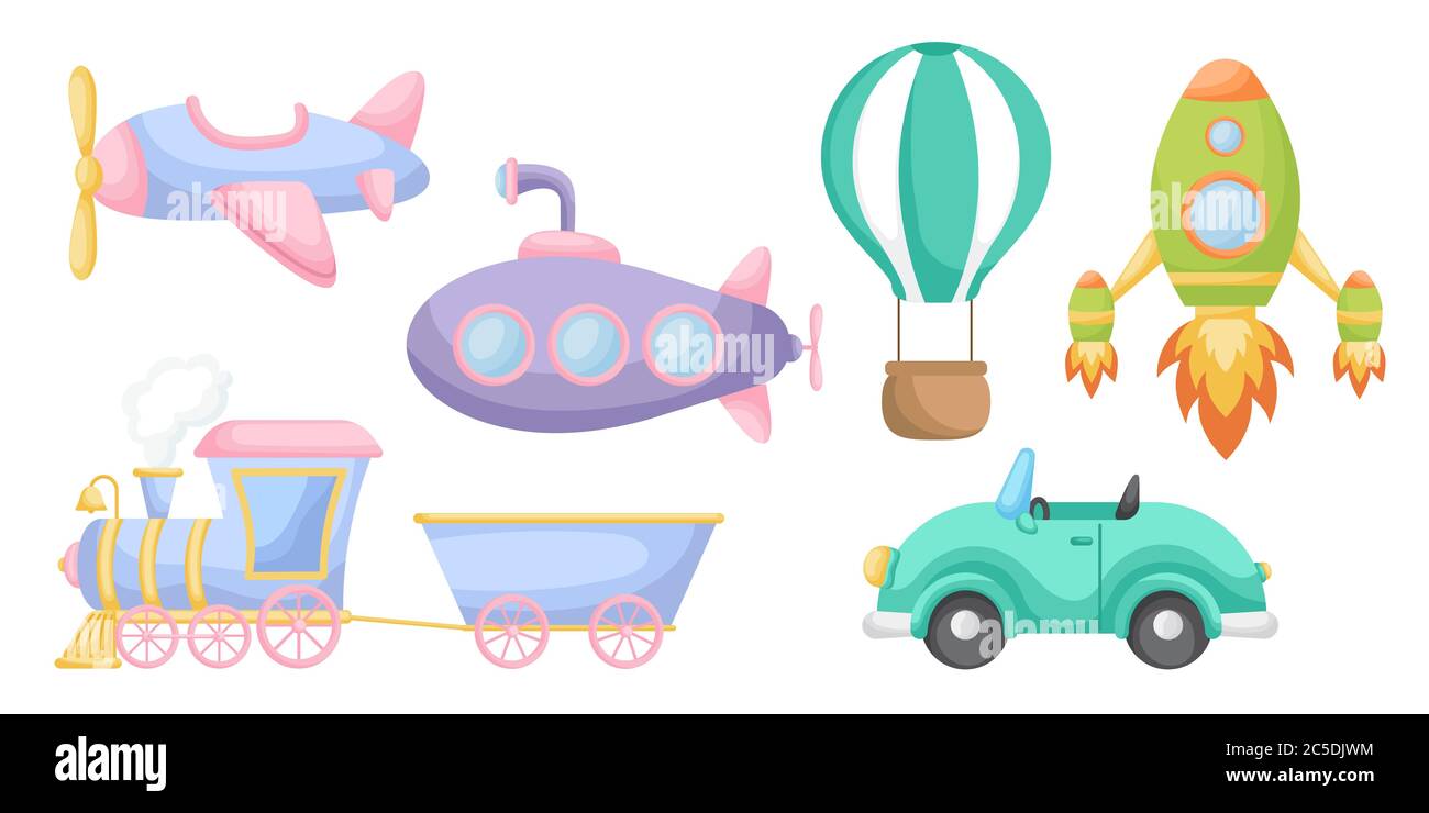 Collection of cute cartoon transport for boys isolated on white ...