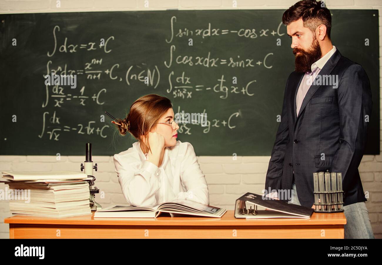 Demanding lecturer. Teacher strict serious bearded man having conflict ...