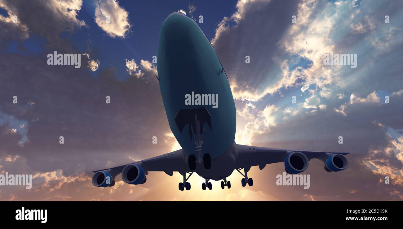 airplane in sunset gold sky, 3d rendering Stock Photo - Alamy