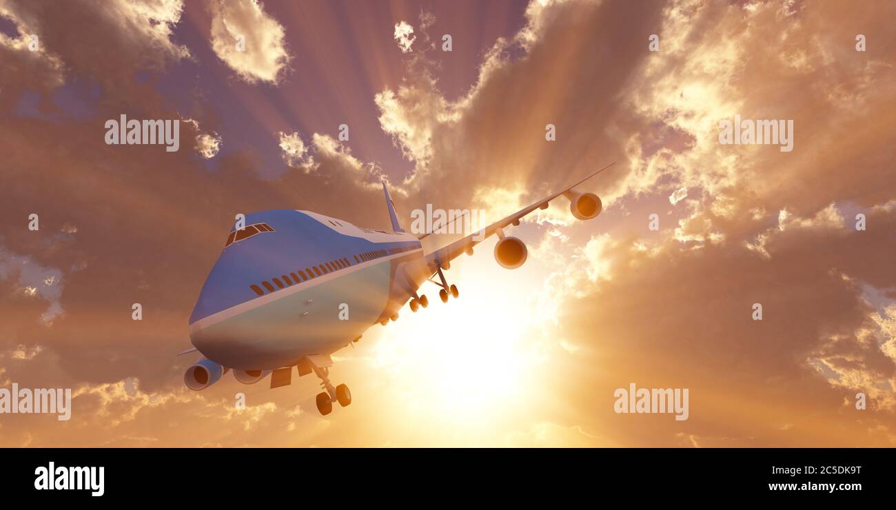 airplane in sunset gold sky, 3d rendering Stock Photo - Alamy