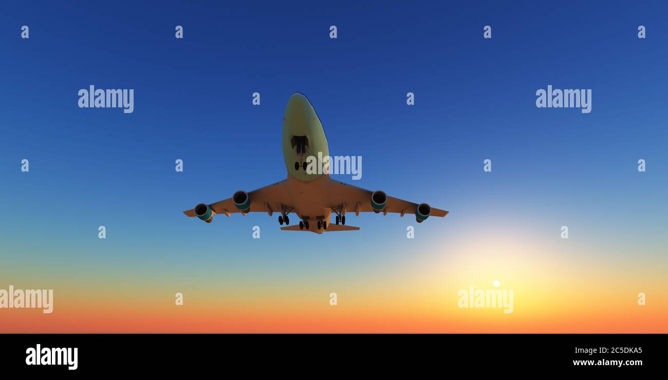 airplane in sunset gold sky, 3d rendering Stock Photo - Alamy