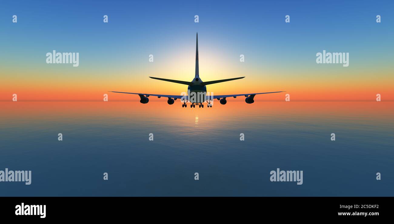airplane in sunset gold sky, 3d rendering Stock Photo - Alamy