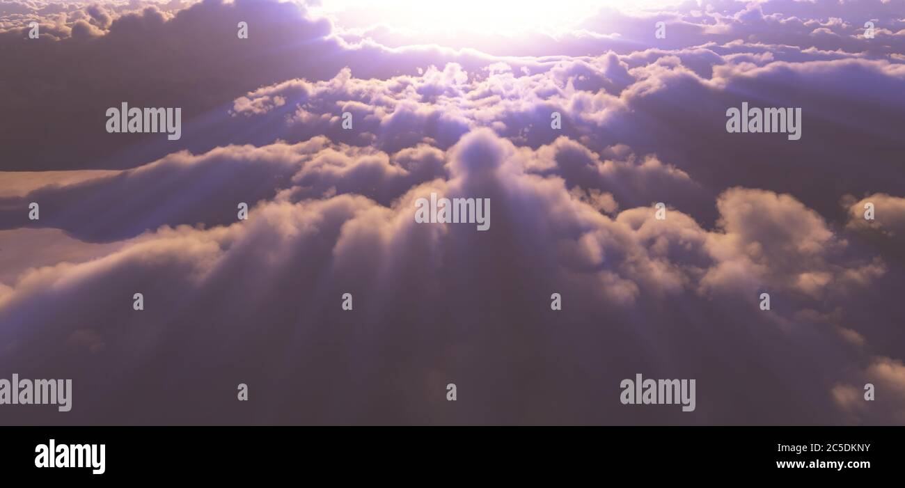 fly above clouds sunset god ray light Stock Photo - Alamy