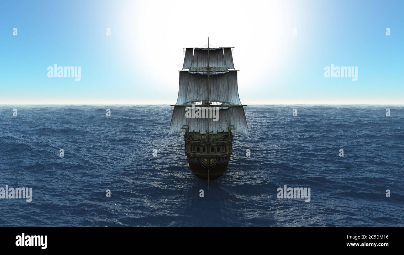 old ship in sea horizon, 3d render Stock Photo - Alamy