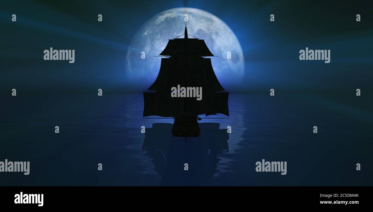 old ship at night full moon lunar Stock Photo - Alamy
