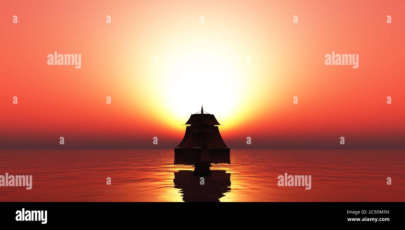 old ship sunset at sea, 3d render Stock Photo - Alamy
