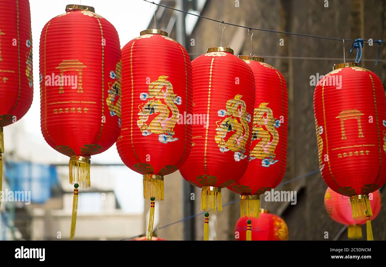 Red chinese lantern decorations in Chinatown, London Stock Photo - Alamy
