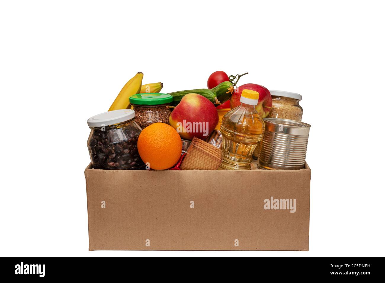 Food donation box isolated on white background. Open cardboard box with ...