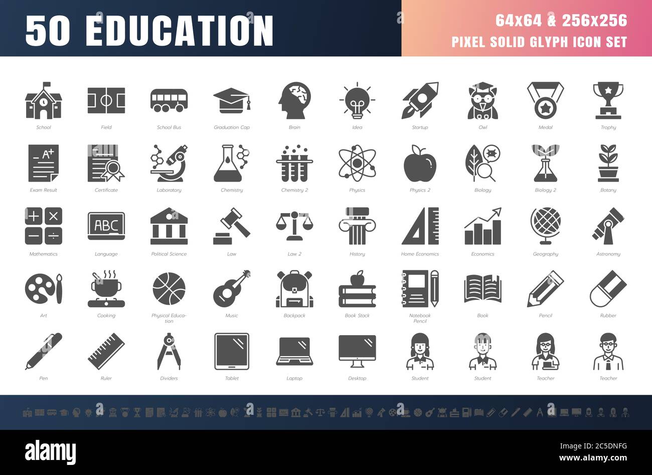 Vector of 50 Education and School Subject solid Glyph Icon Set. 64x64 and 256x256 Pixel Stock ...