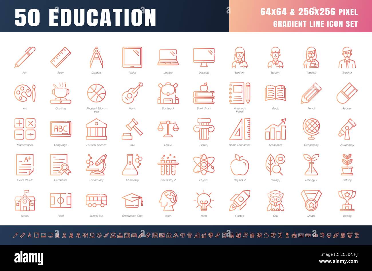 Vector of 50 Education and School Subject. Gradient Line Outline Icon ...