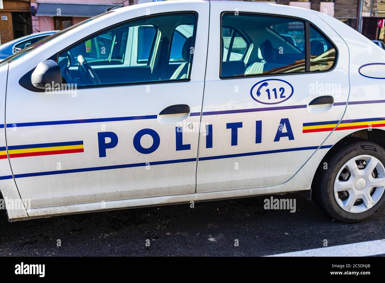 Detail of police car, close up isolated. Local police car on the ...