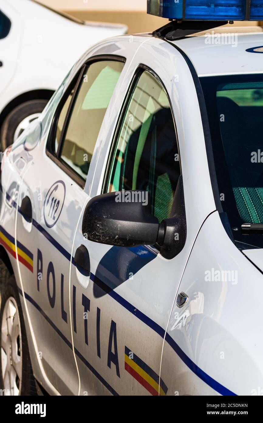 Detail of police car, close up isolated. Local police car on the ...