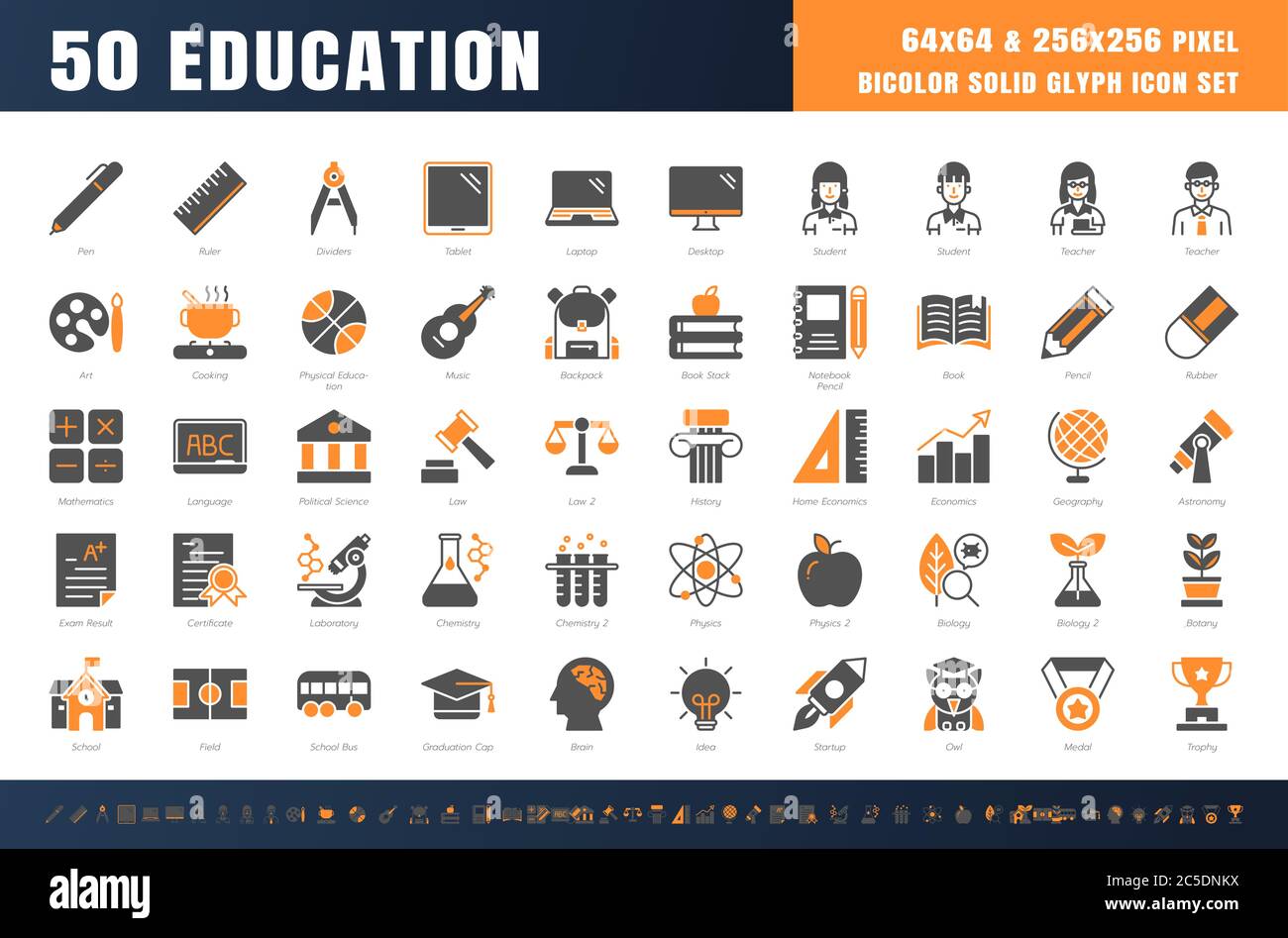 Vector of 50 Education and School Subject. Bicolor Solid Glyph Icon Set ...