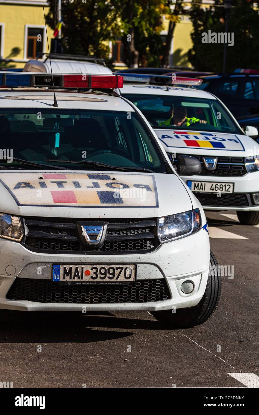 Detail of police car, close up isolated. Local police car on the ...