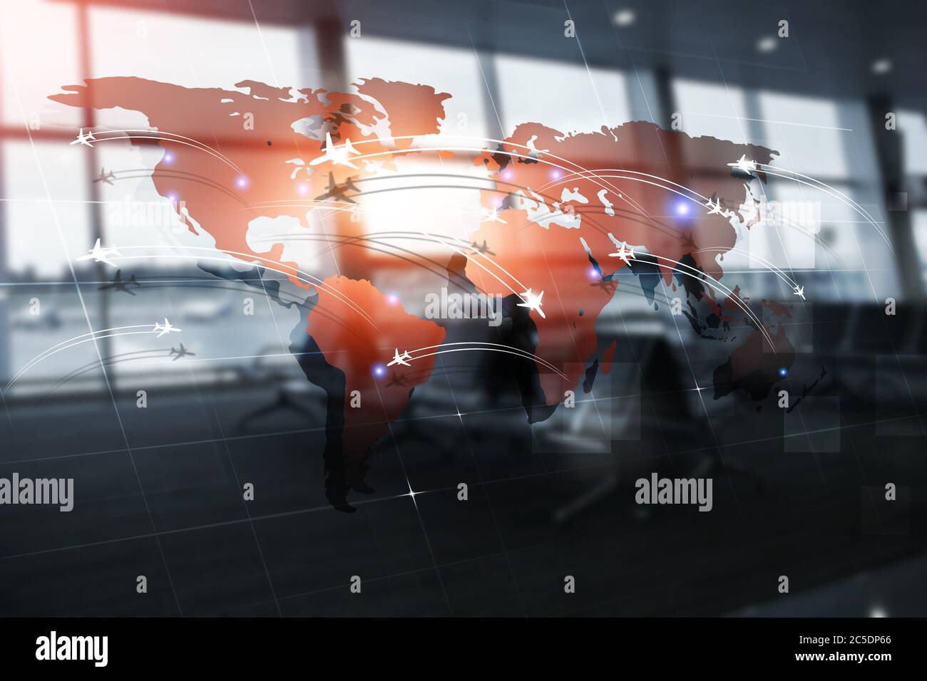 business aviation background with planes on world map on blurred ...