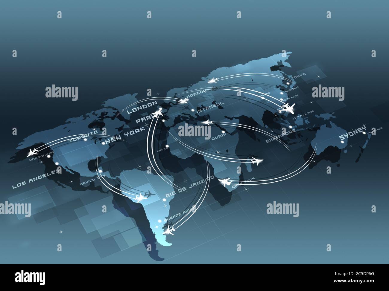 aviation background with planes over the map with world capitals Stock ...