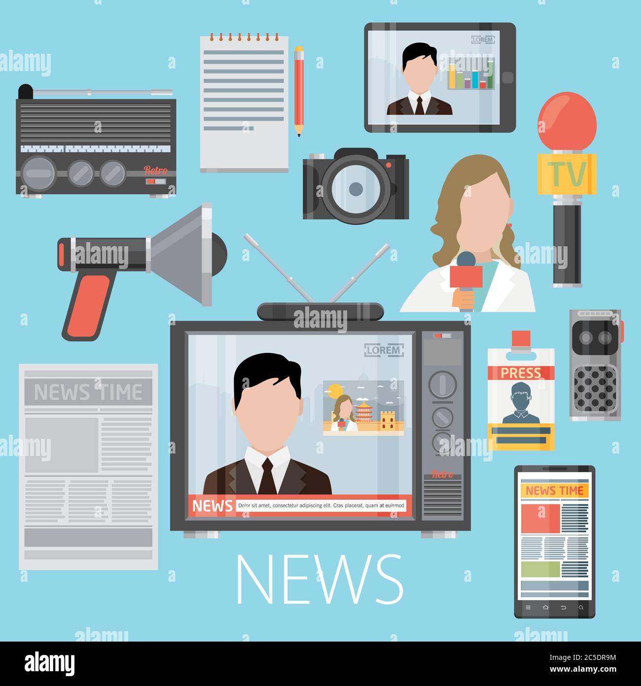 News cast journalism television radio press conference concept, vector illustration. Icons set ...