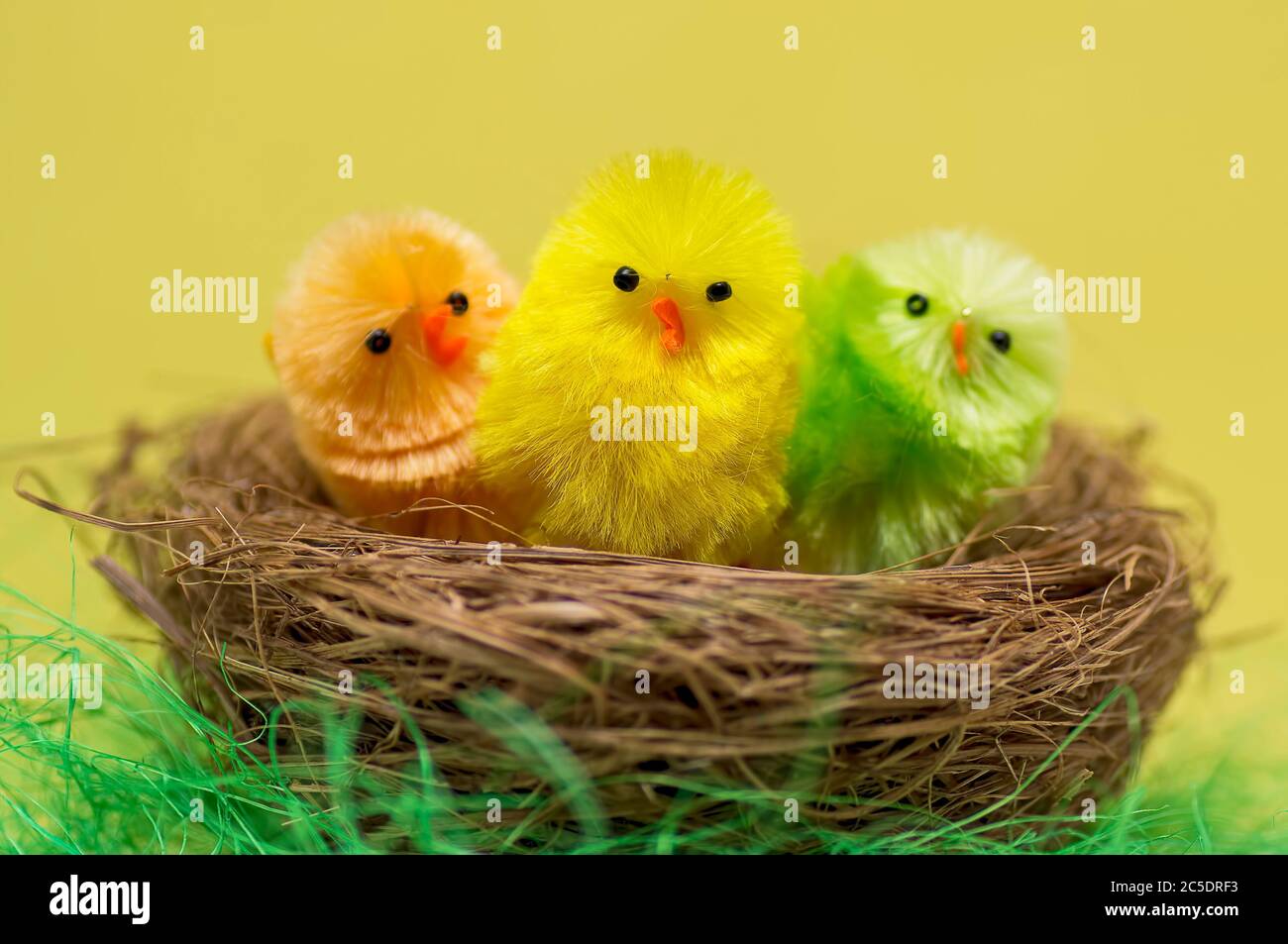 Colorful easter chicks in a wooden nest Stock Photo - Alamy