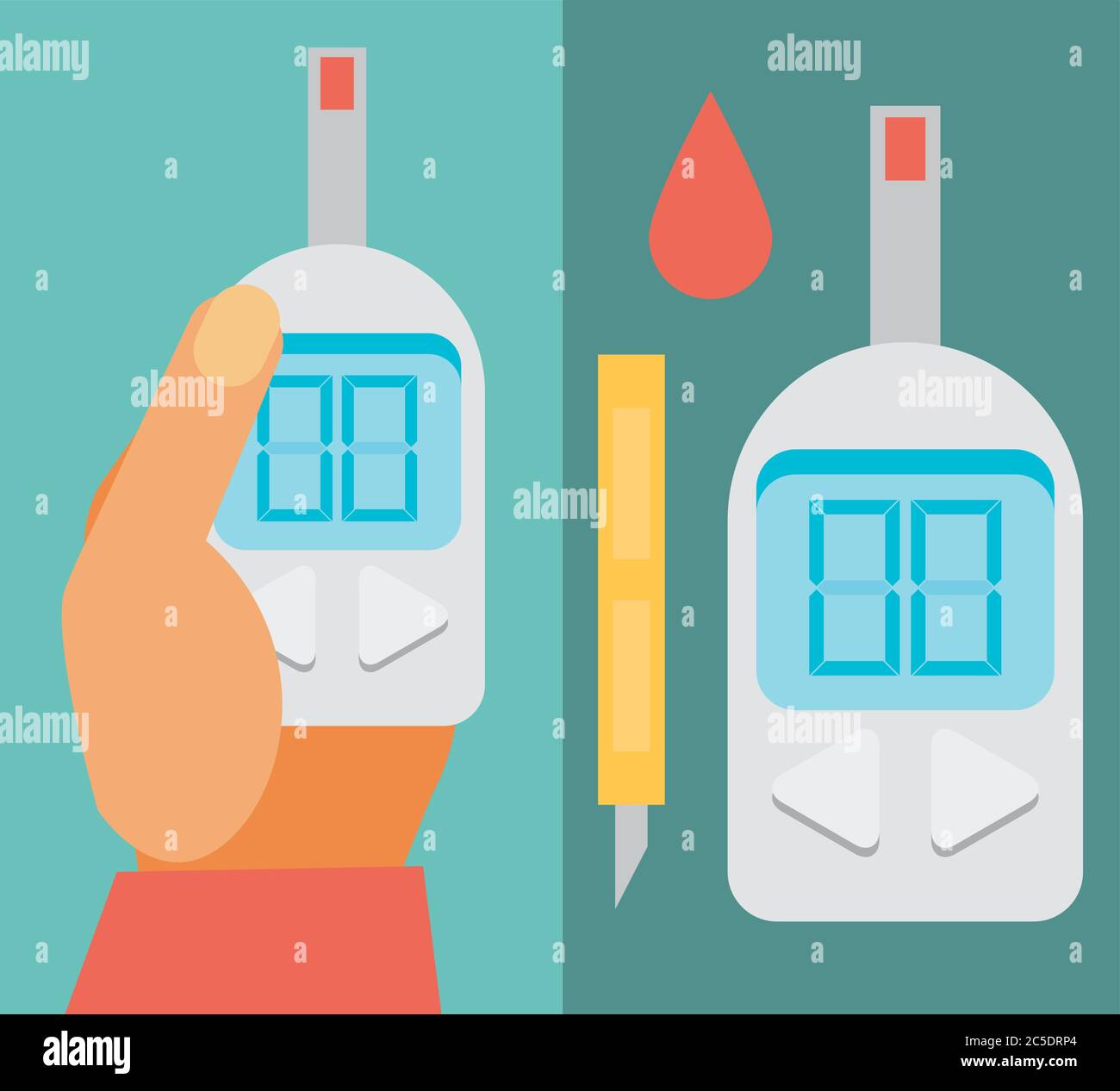 Blood Glucose Test. Diabetes Flat icon set. Hand holding Glucose Meter ...