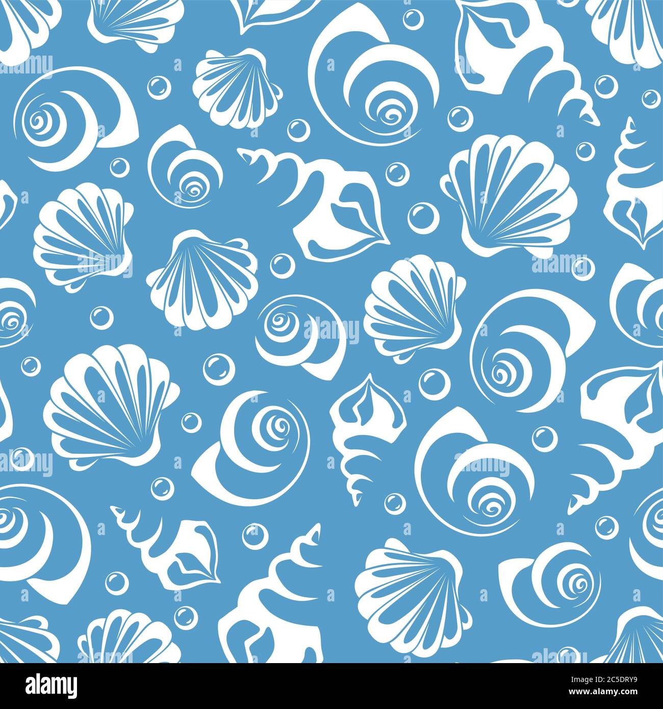 Vector seamless pattern with white sea shells silhouettes on a blue ...